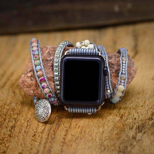 Healing Amazonite Bohemian Apple Watch Strap - Dewdrops & Vines